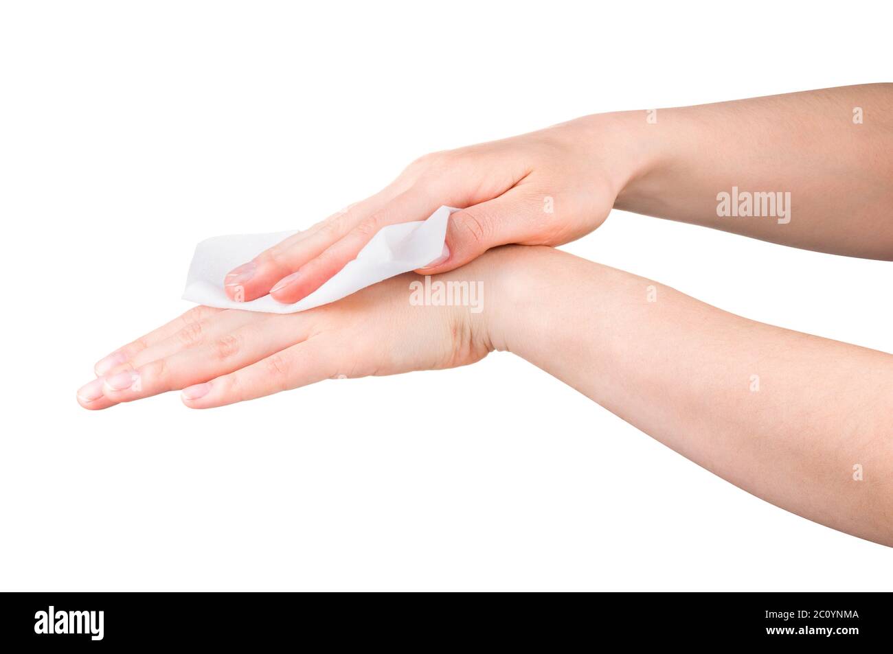 Woman hand use antibacterial wet wipes or tissue isolated on a white ...
