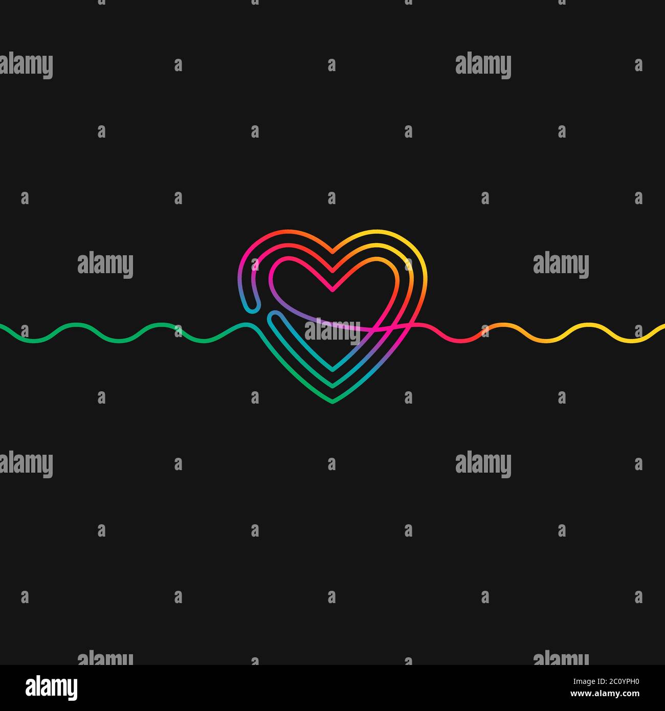 Continuous line drawing of heart and wavy line, Rainbow colors on black ...