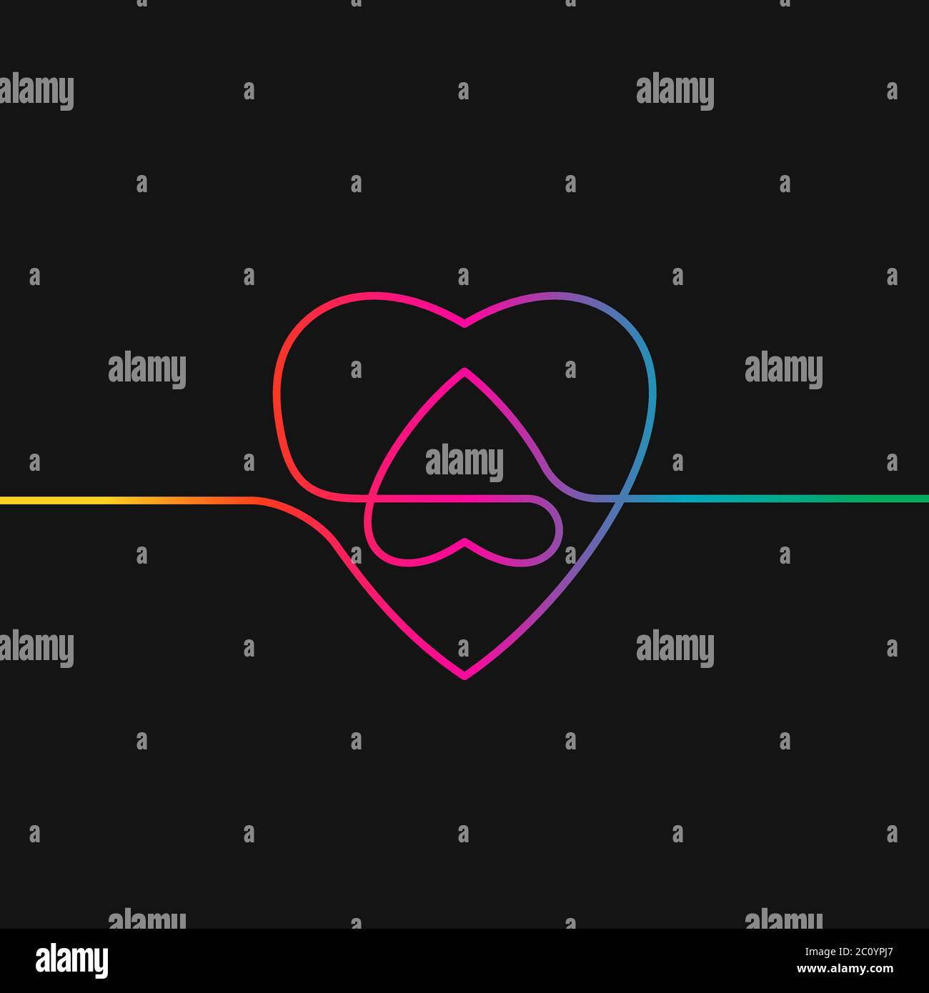One line drawing of two hearts - small inside big upside down, Rainbow ...