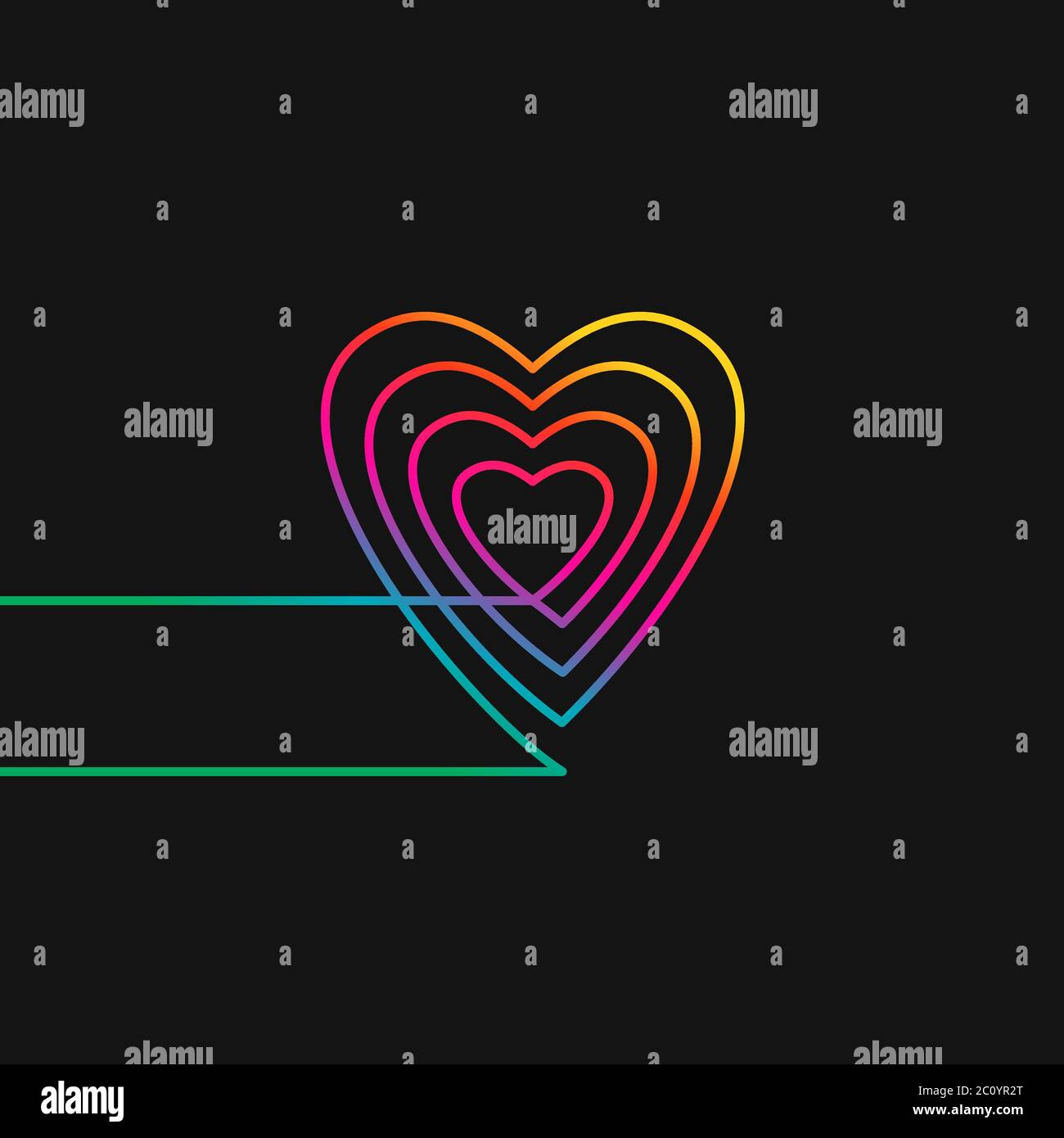 One line drawing of heart, Rainbow colors on black background vector ...