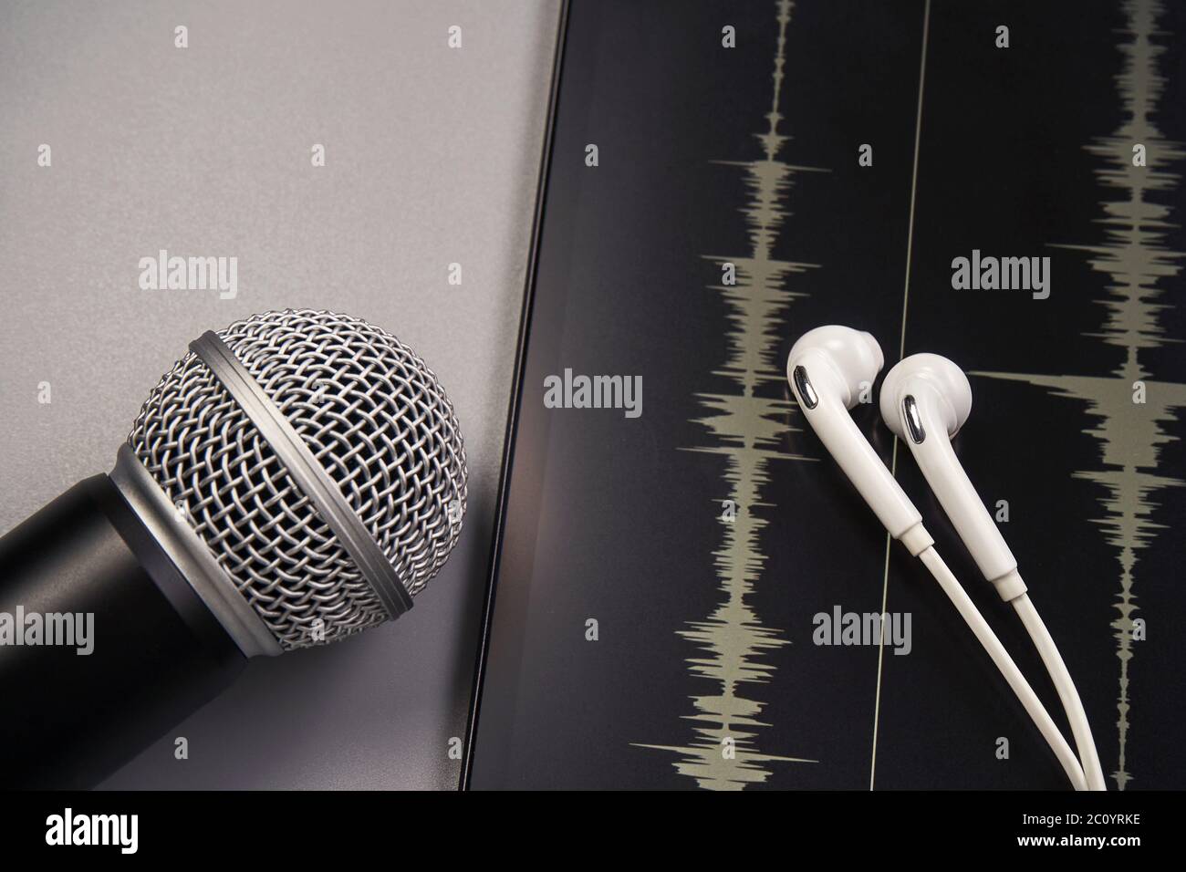 Microphone and headphones. Podcast concept. Sound graph Stock Photo - Alamy