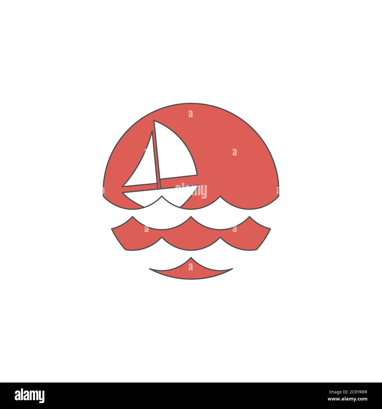 Yacht in ocean in sunset. Vector minimalist design in circle shape ...