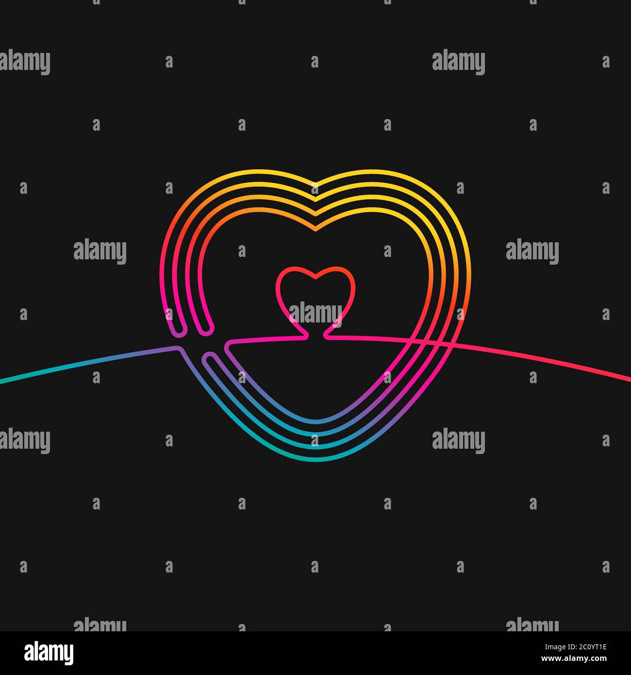 One line drawing of heart, Rainbow colors on black background vector ...