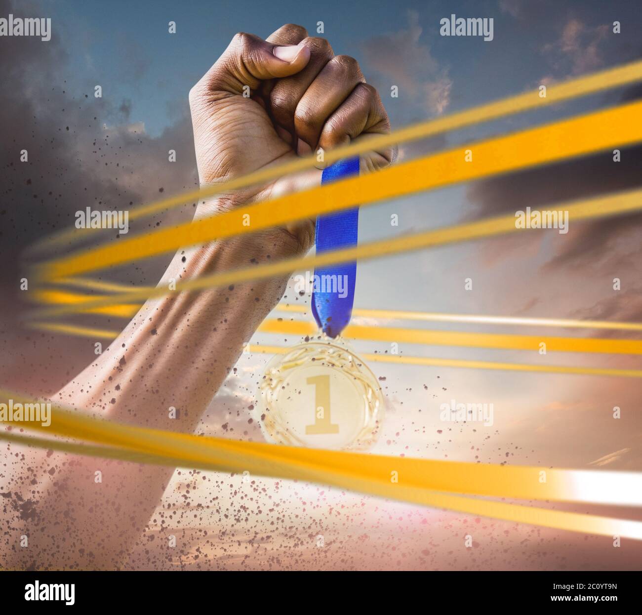 Composite image of hand holding a silver medal on white background ...