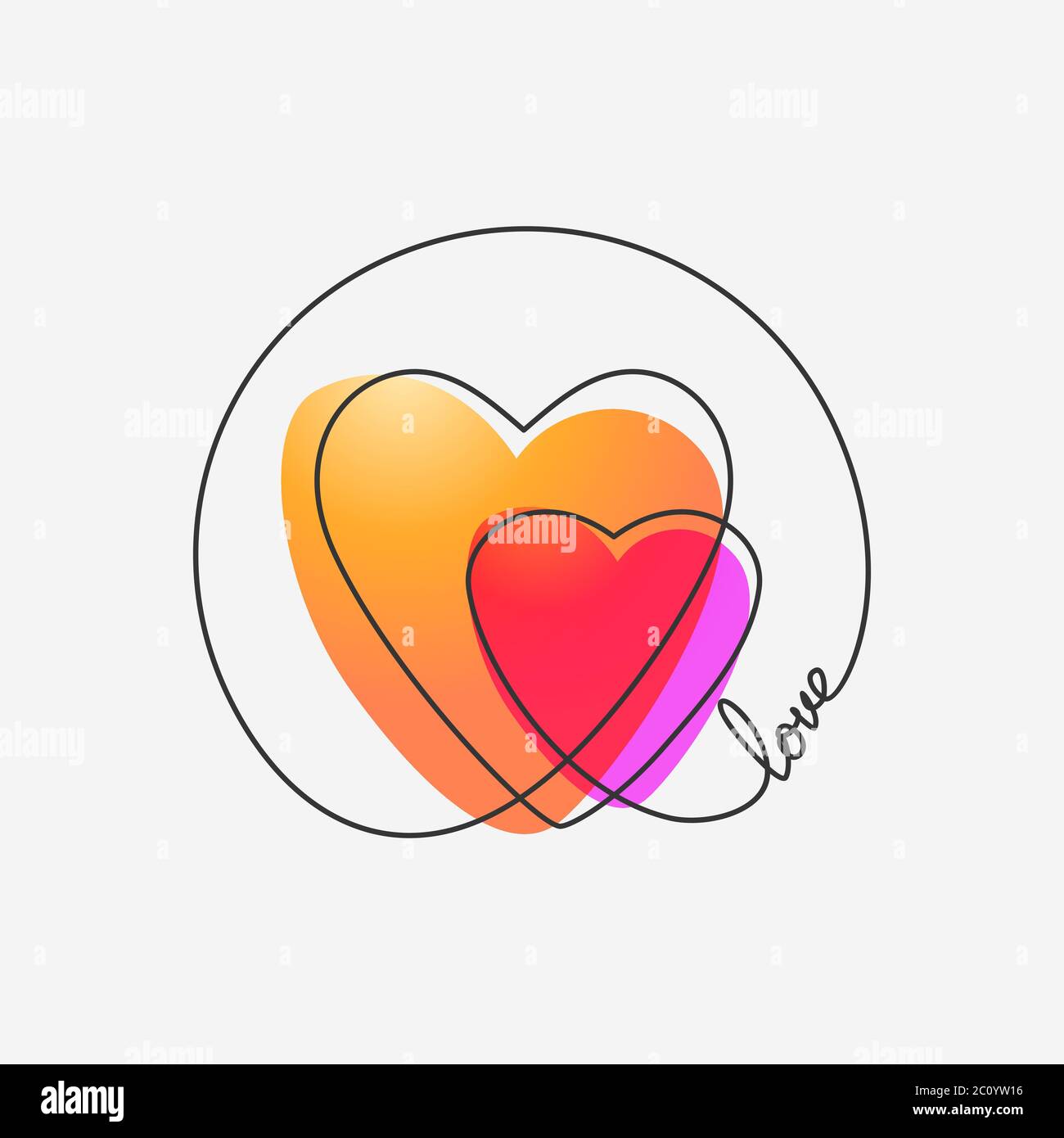 Two hearts and word LOVE continuous line drawing with liquid gradient ...