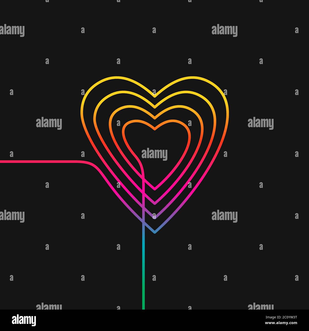 One line drawing of heart, Rainbow colors on black background vector ...