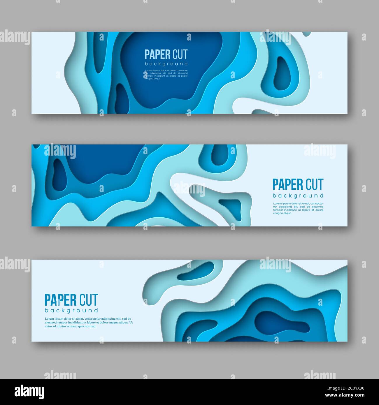 3d paper cut horizontal banners. Shapes with shadow in different blue ...