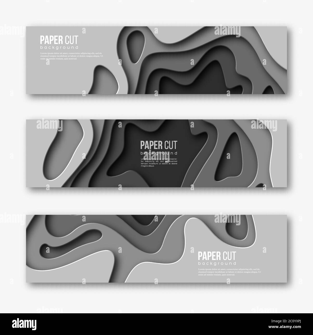 3d paper cut horizontal banners. Shapes with shadow in different grey ...
