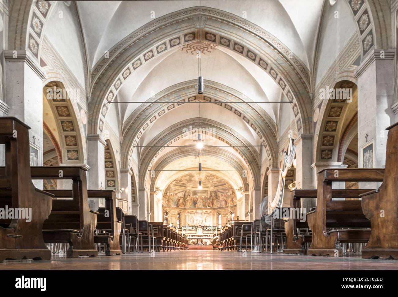 Interior view of a church. Beautiful view on nave from altar inside ...