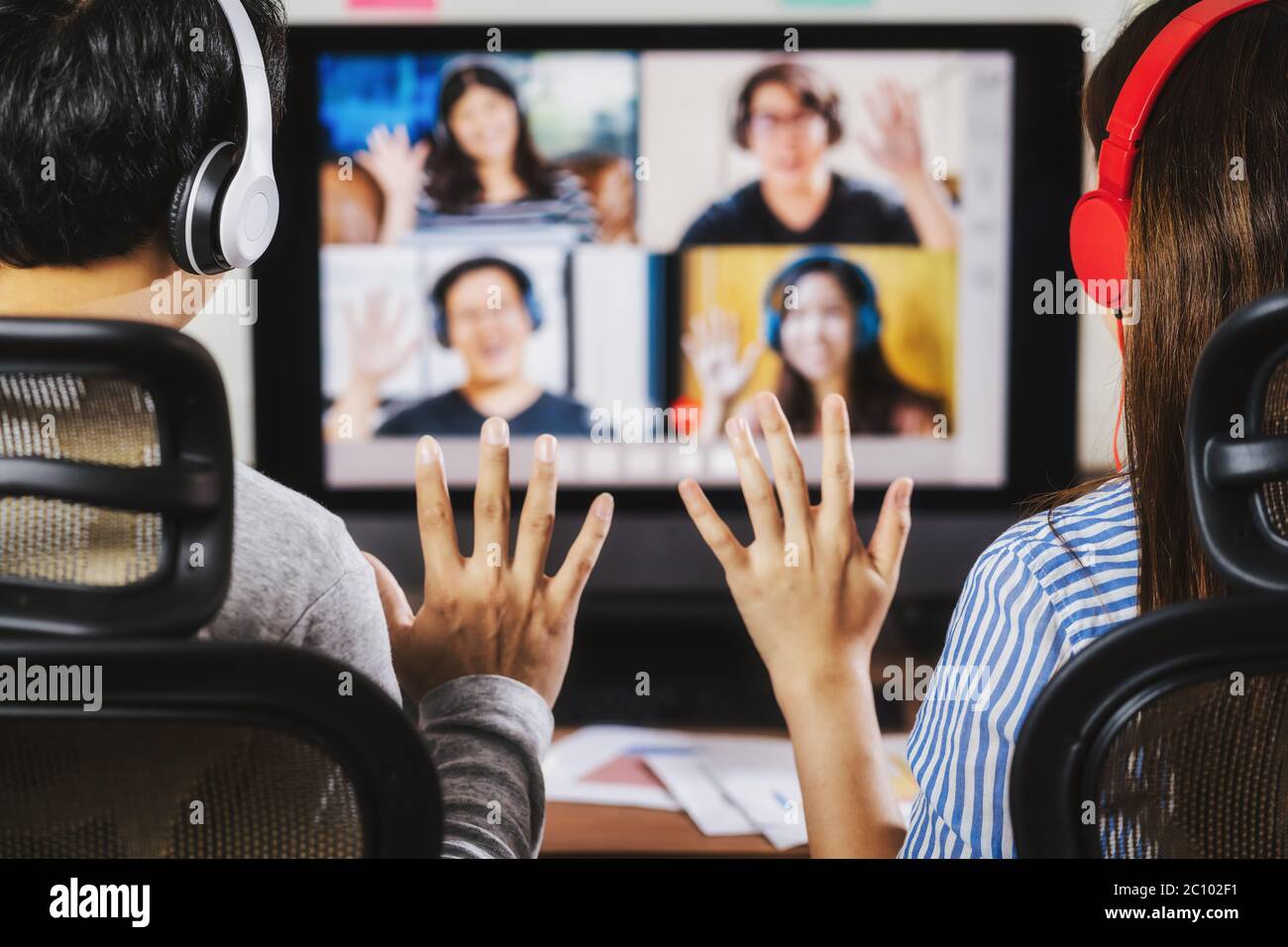Rear View of Asian Business people say hello with teamwork colleague in ...