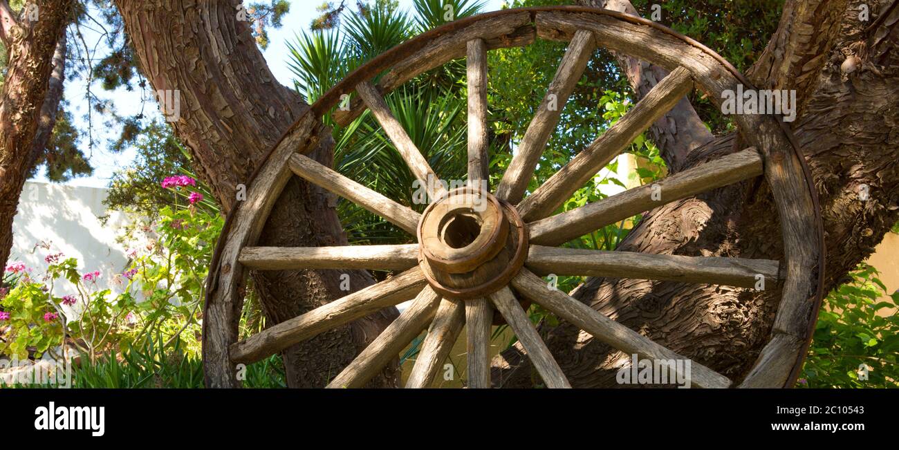 The old wooden wheel and tree Stock Photo - Alamy