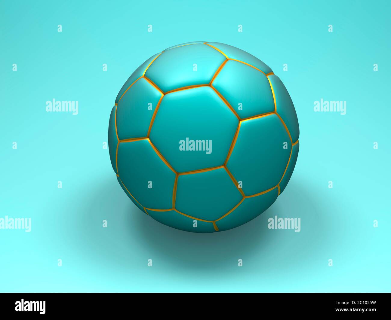 Turquoise soccer ball with a gold pattern on a turquoise background ...
