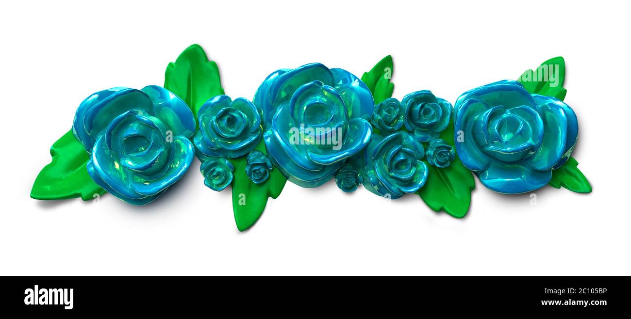 Blue ceramic roses with green leaves on a white background with a ...