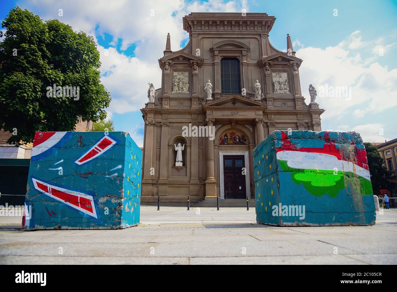 Church of Saints Bartholomew and Stephen with colorful anti-terrorism ...