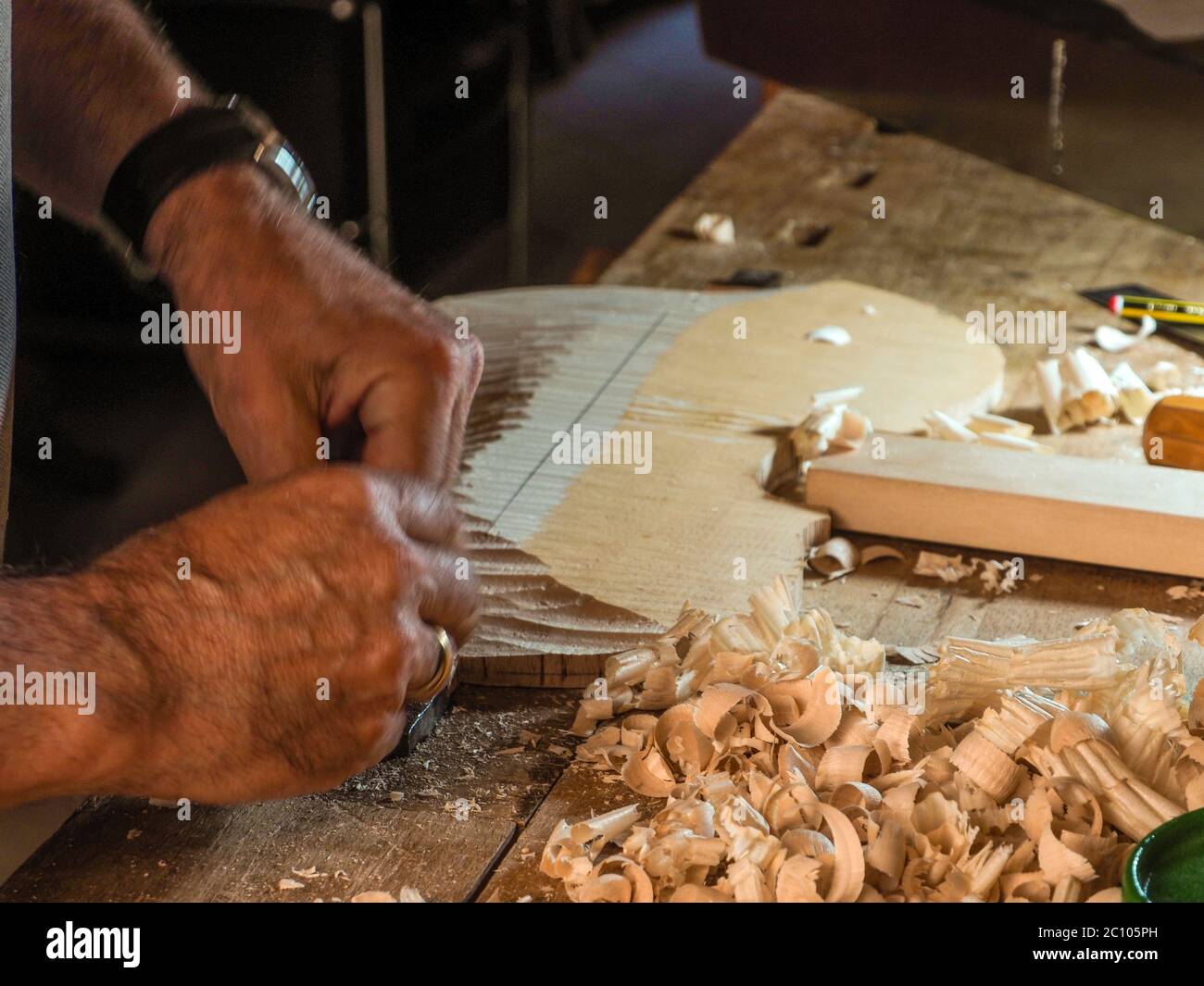 Professional luthier violinmaker artisan working on making a handmade ...