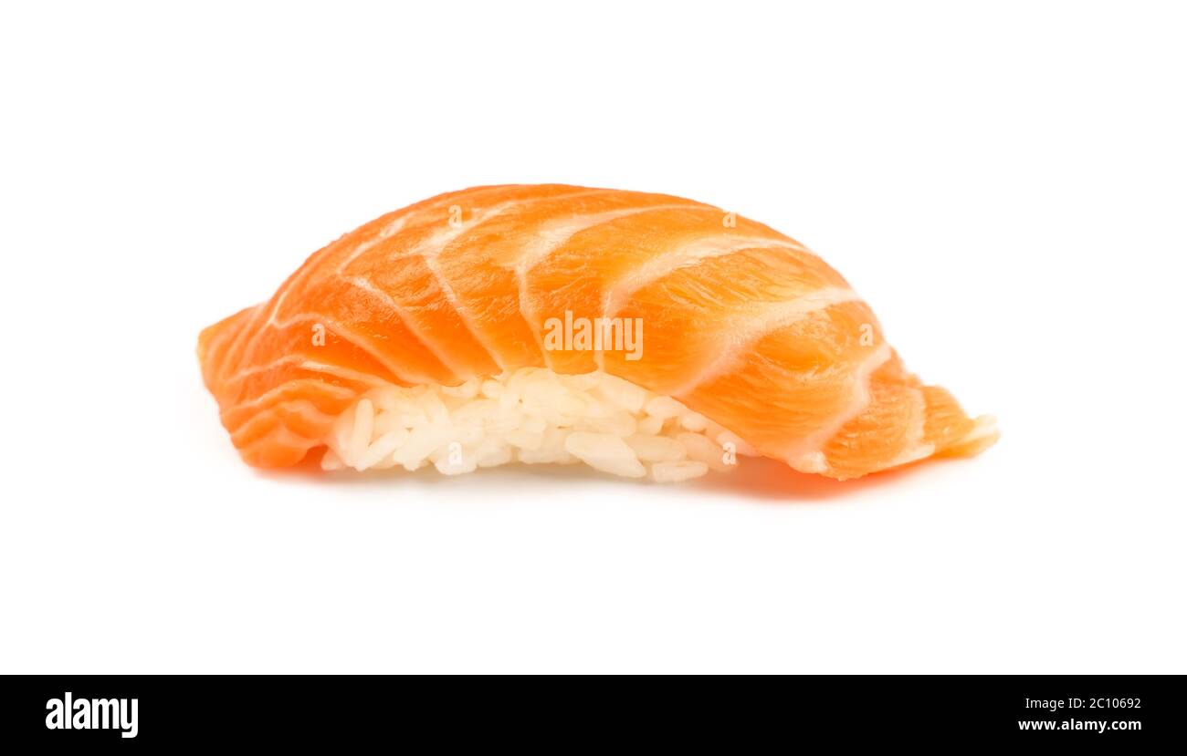 Close up one nigiri sushi with salmon isolated on white background, low ...
