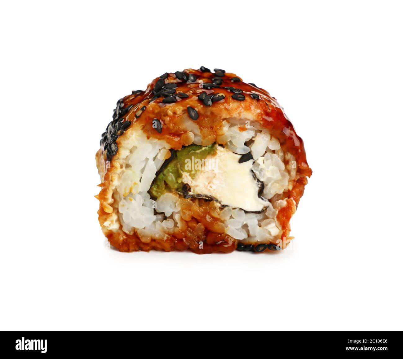 Close up one unagi sushi roll with eel isolated on white background, low angle side view Stock ...
