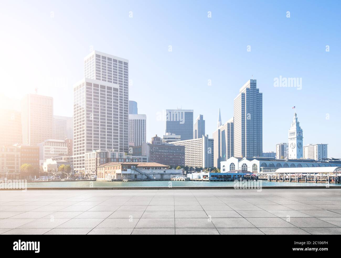 cityscape and skyline of san francisco at sunrise on view from empty ...