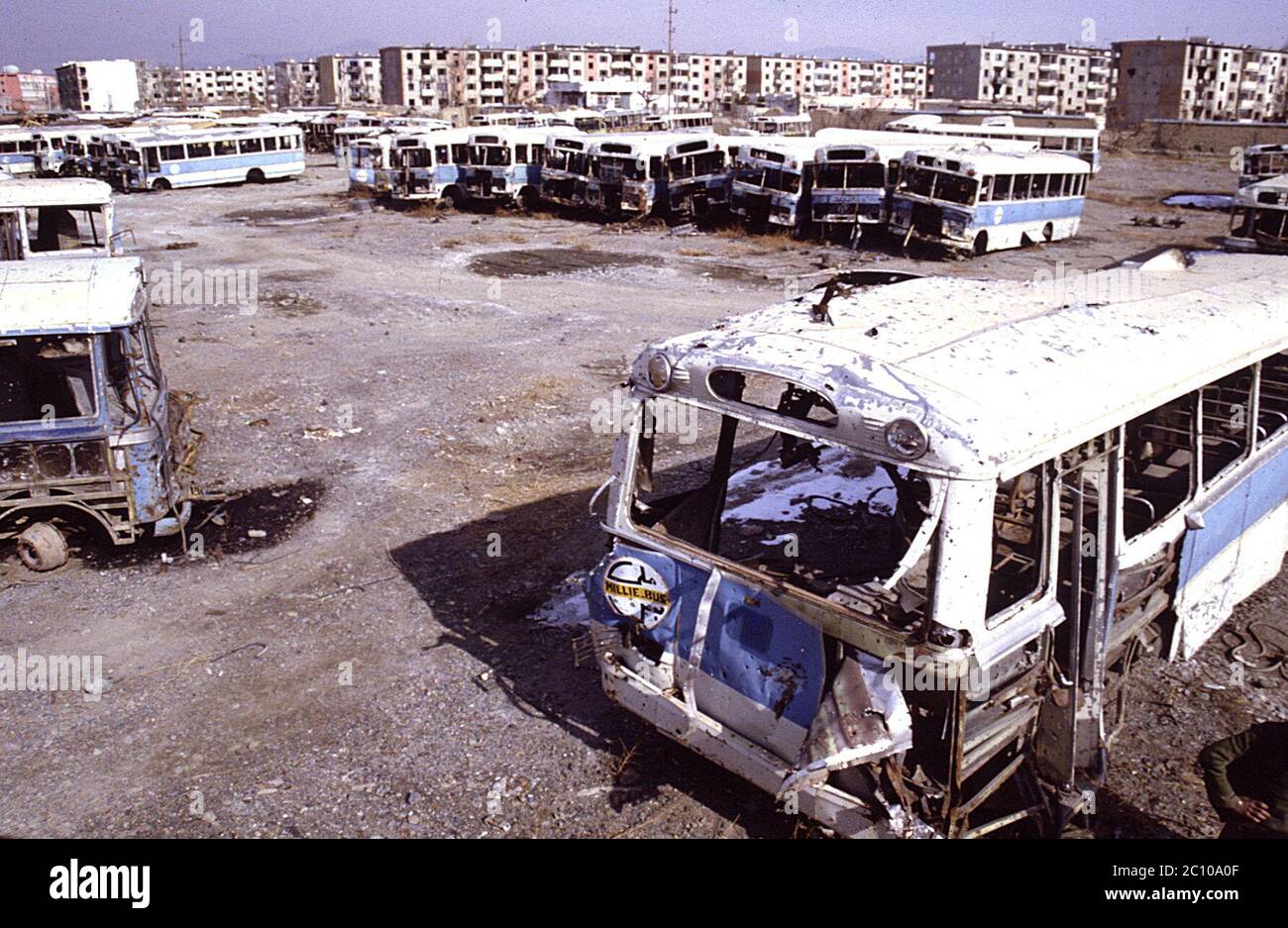 Destroyed buses at the Kabul Bus Depot in Afghanistan 1994 Stock Photo ...