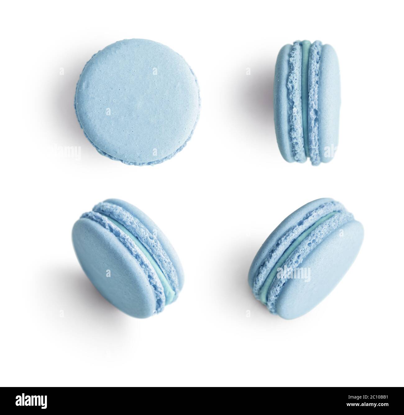 Set of blue french macarons isolated on white background. Top view ...