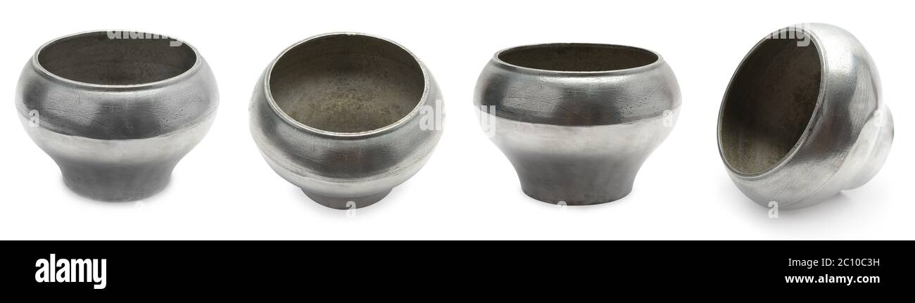 Panorama used metal pots from four foreshortenings isolated on white ...