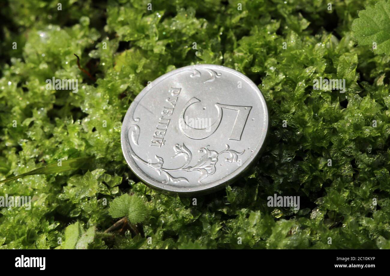 Coin in the green grass Stock Photo - Alamy