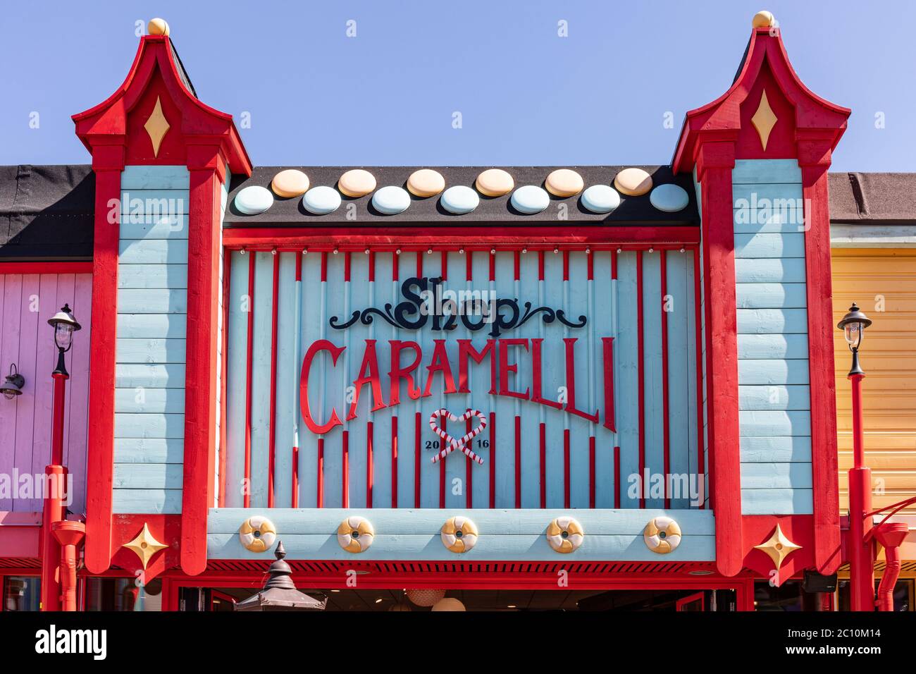 Shop Caramelli, a candy store facade in Linnanmäki amusement park in ...