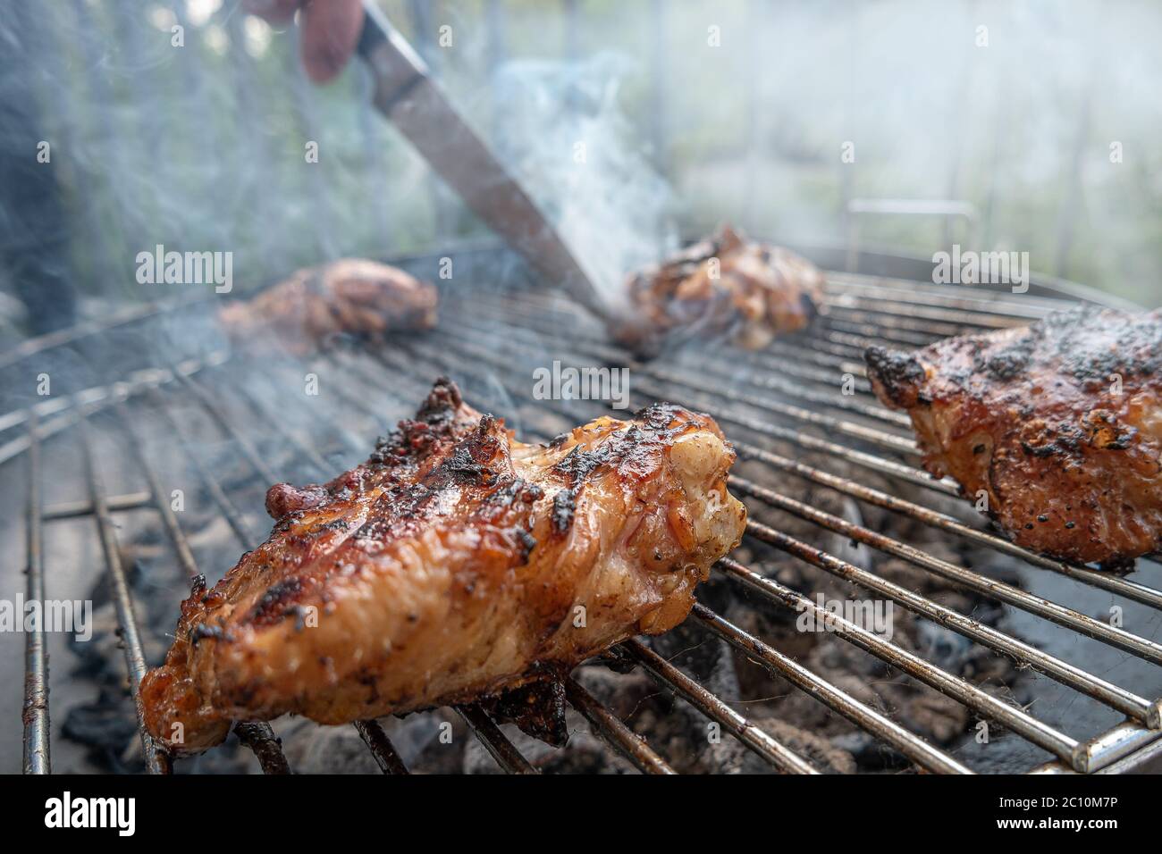 Grilled delicious chicken meat in process of cooking in outdoor at home ...