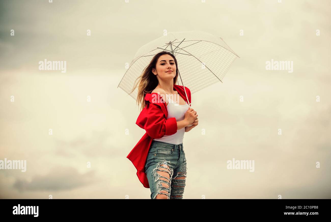 Rainy weather. Good mood. Good vibes. Girl feeling good sky background ...