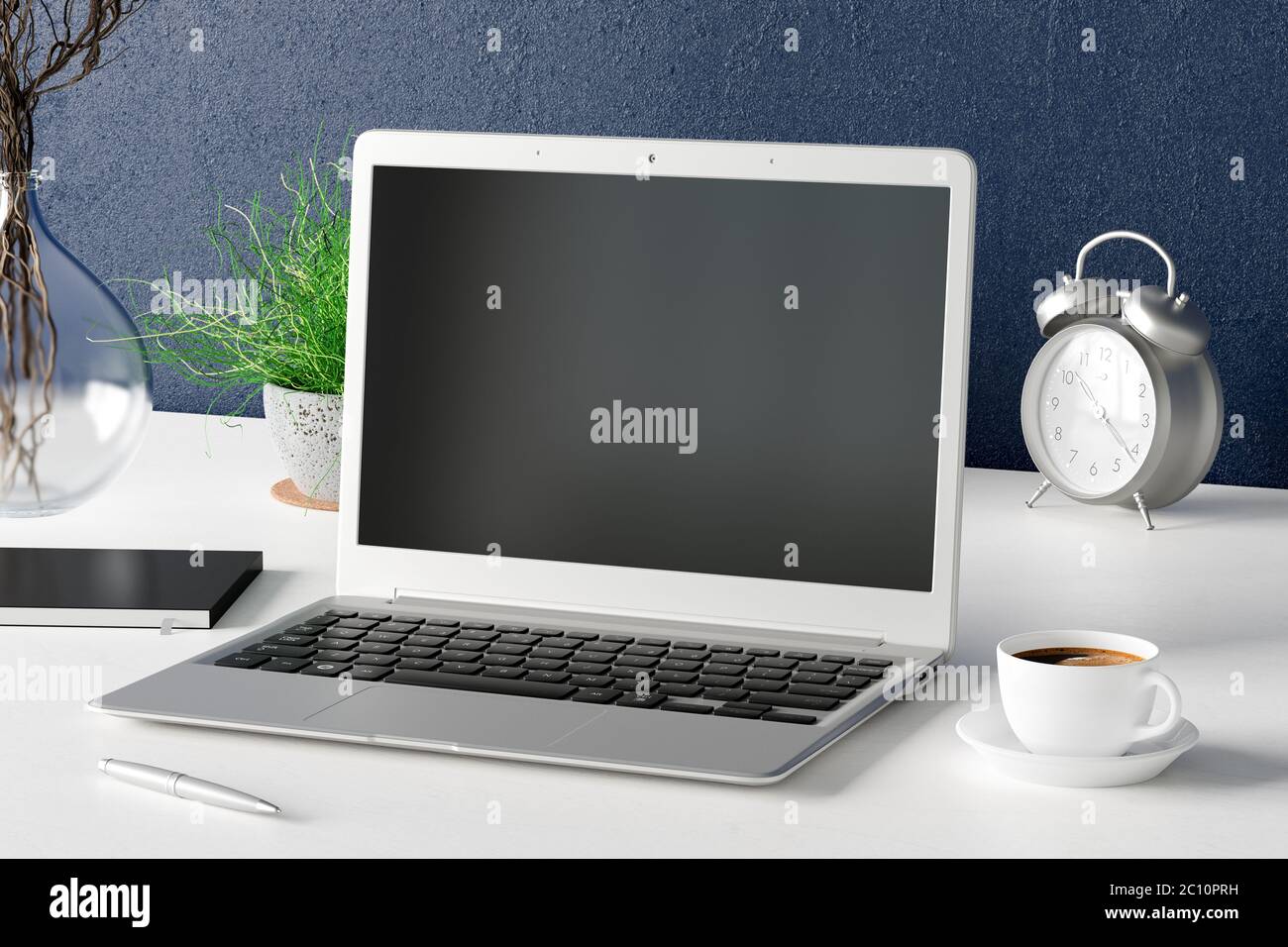 Workspace with laptop mock up. White desk and blue wall. Side view ...