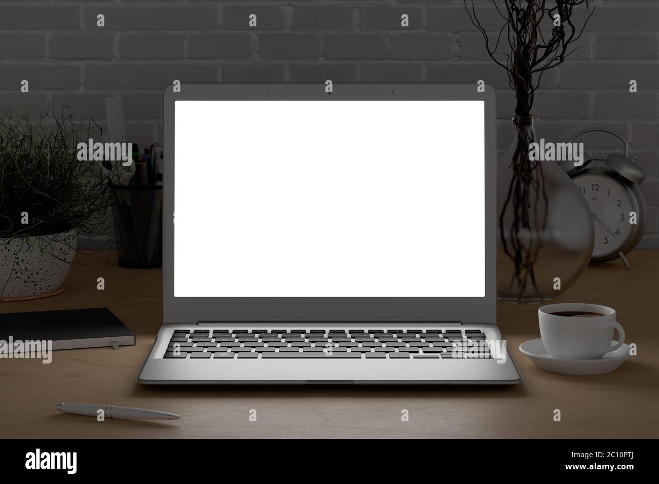Workplace with glowing laptop screen at evening mock up. Wooden desk ...
