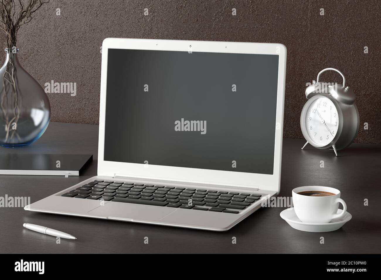 Workspace with laptop mock up. Dark wooden desk and brown wall. Side ...