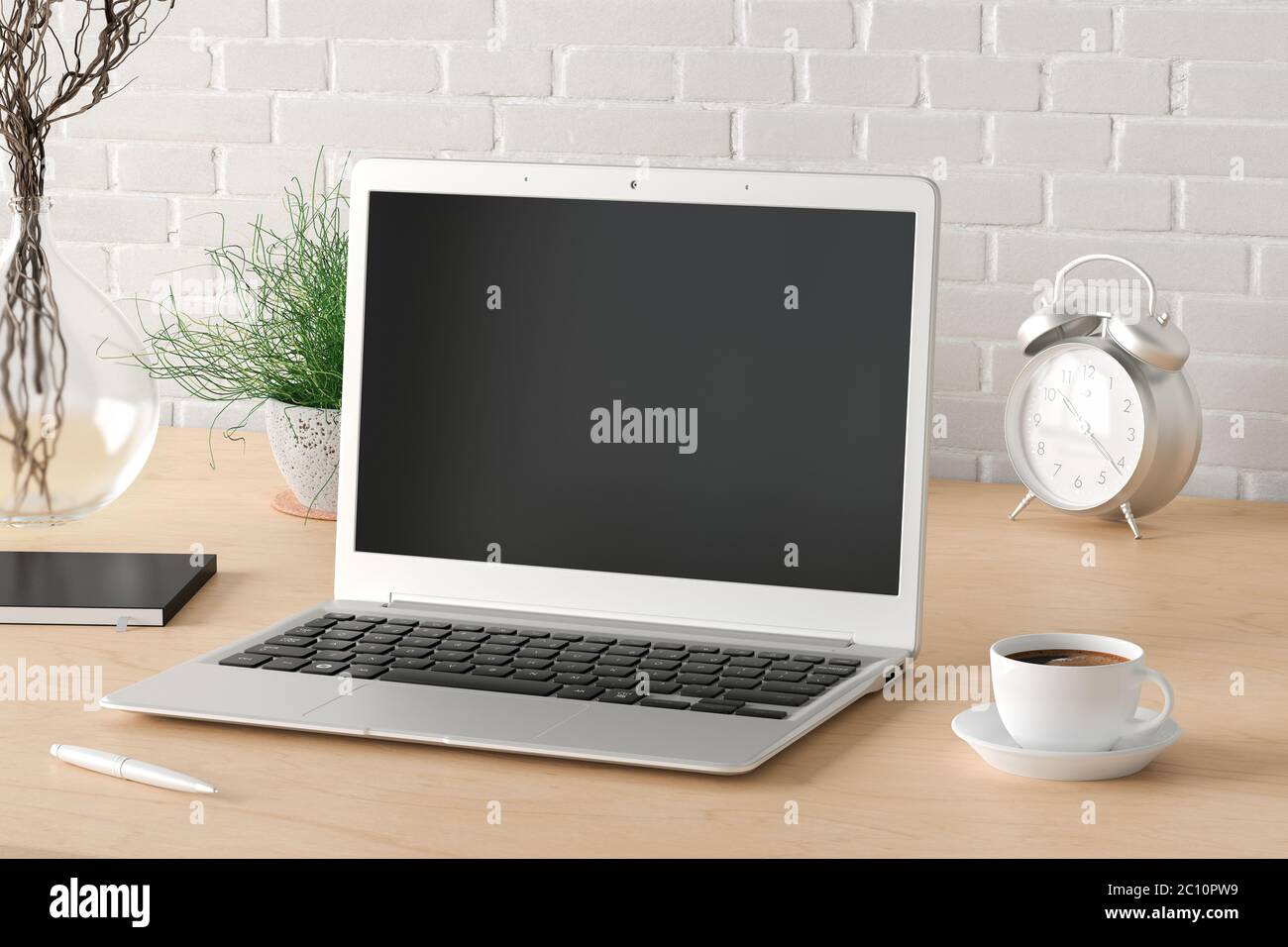 Workplace with laptop mock up. Wooden desk and white brick wall. Side ...