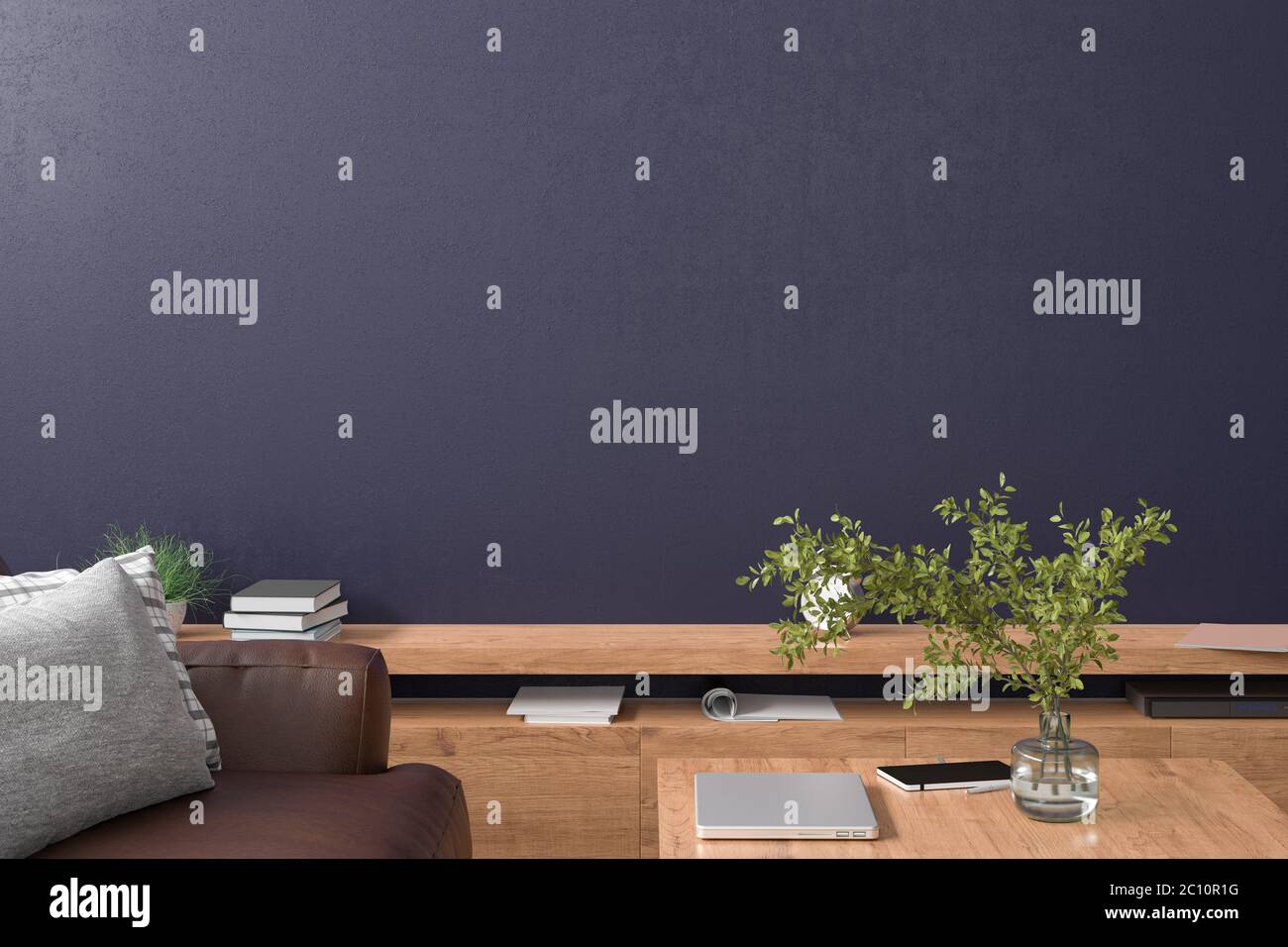Blank blue wall mock up in the living room. 3d rendering Stock Photo ...