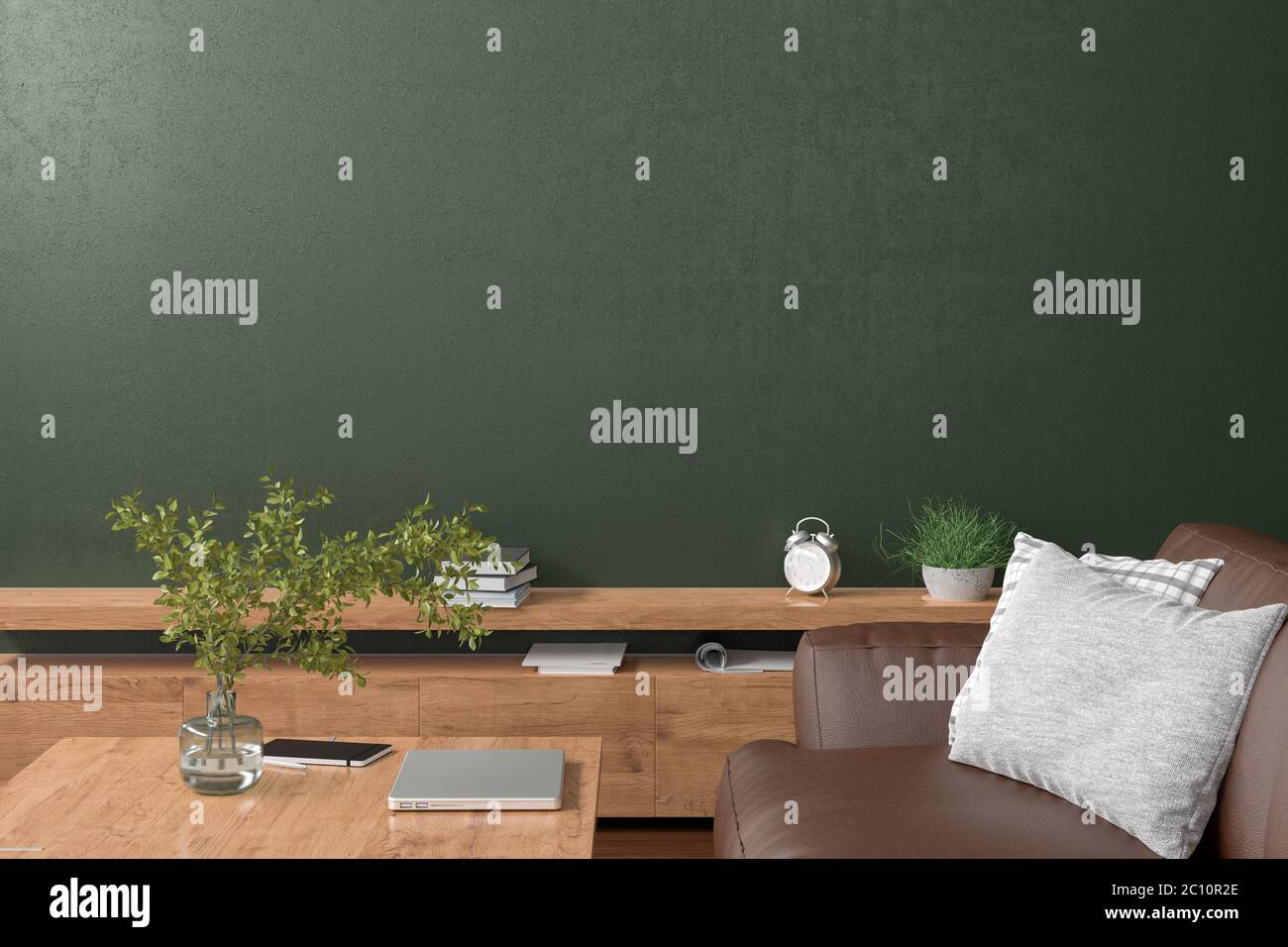Blank green wall mock up in the living room. 3d rendering Stock Photo ...