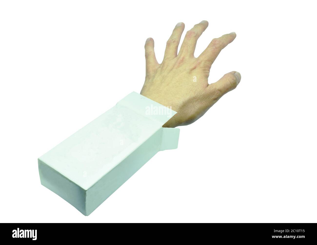 human left hand out from paper box on white background Stock Photo - Alamy
