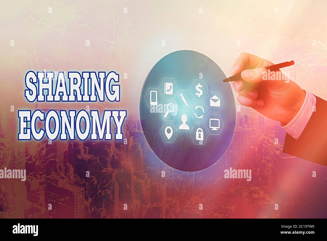 Text sign showing Sharing Economy. Business photo text a system where ...