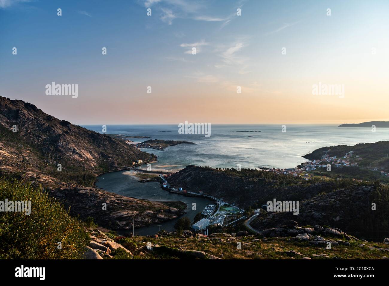 Aerial view of the Ria de Corcubion and Finisterre’s Cape from the top ...