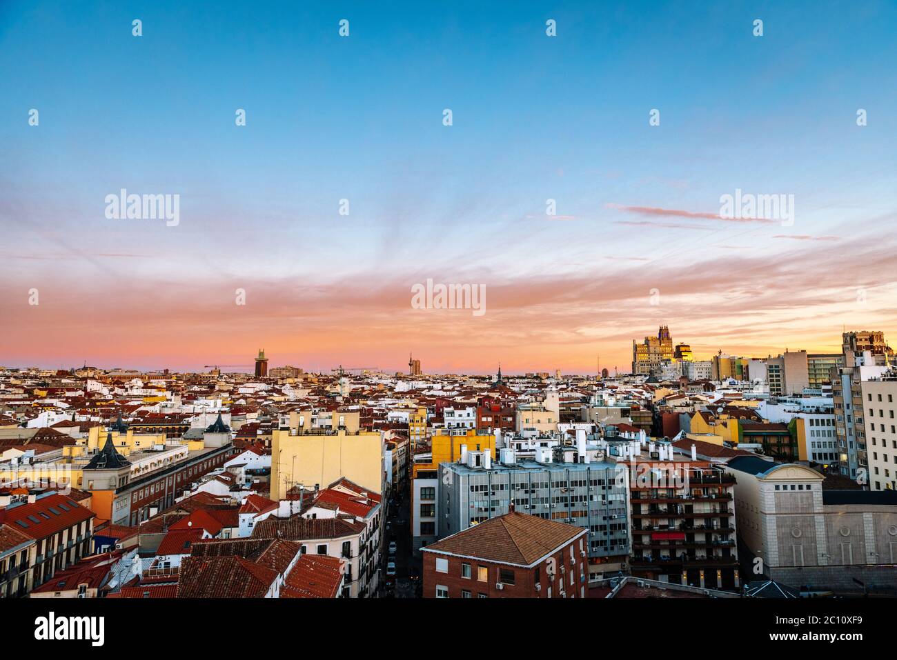 Aerial view of Madrid's skyline at dusk, with the Telefonica Building ...