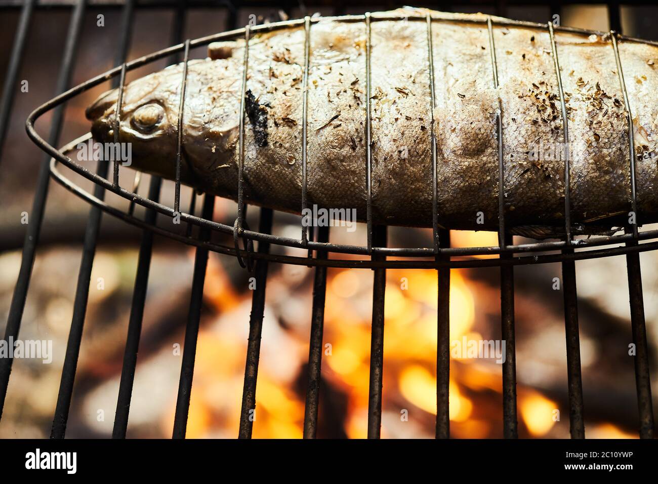 delicious trout with spices roast on a grill over a fire Stock Photo ...