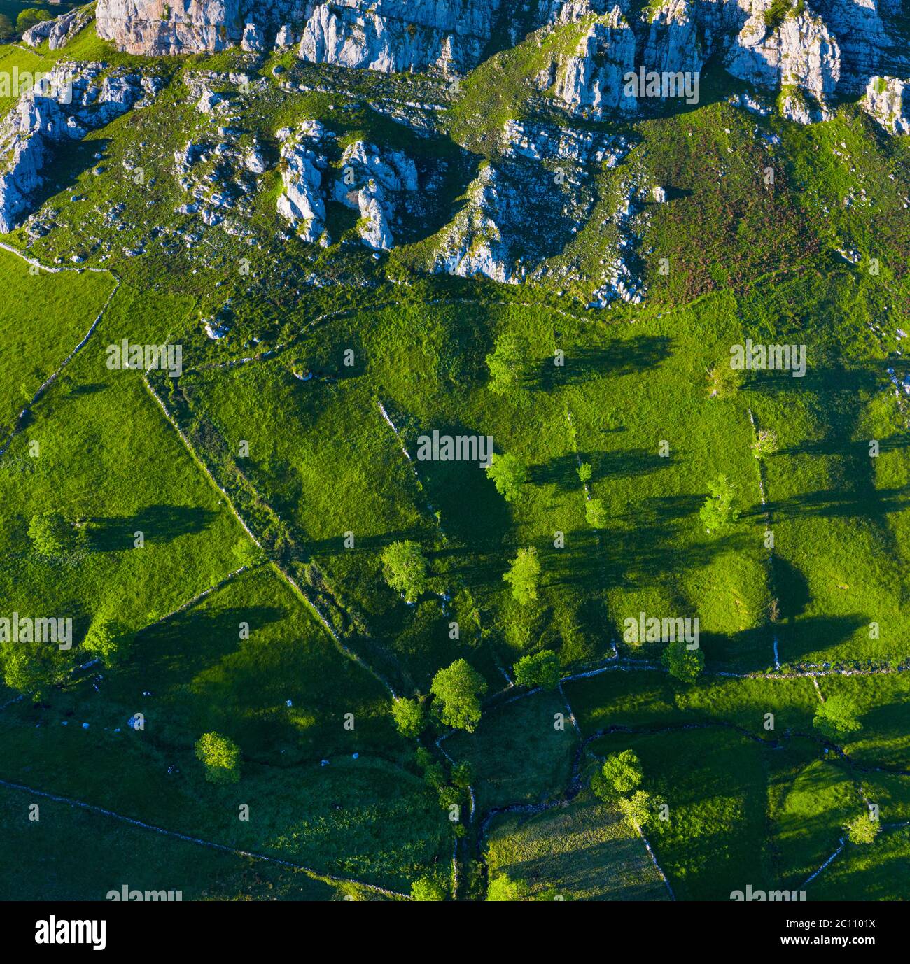 Spring landscape of mountains, meadows of mowing and cabins pasiegas ...