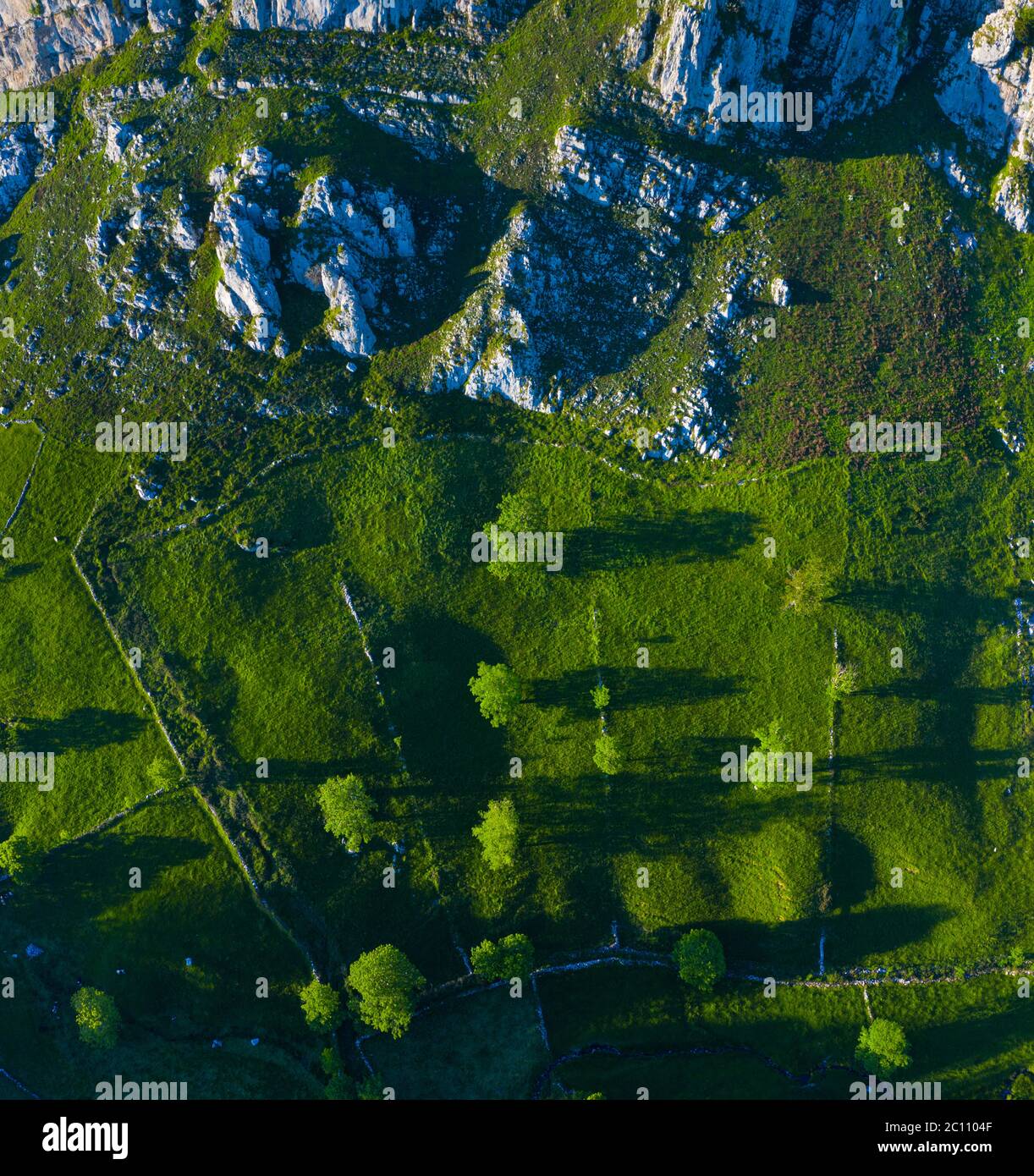 Spring landscape of mountains, meadows of mowing and cabins pasiegas ...