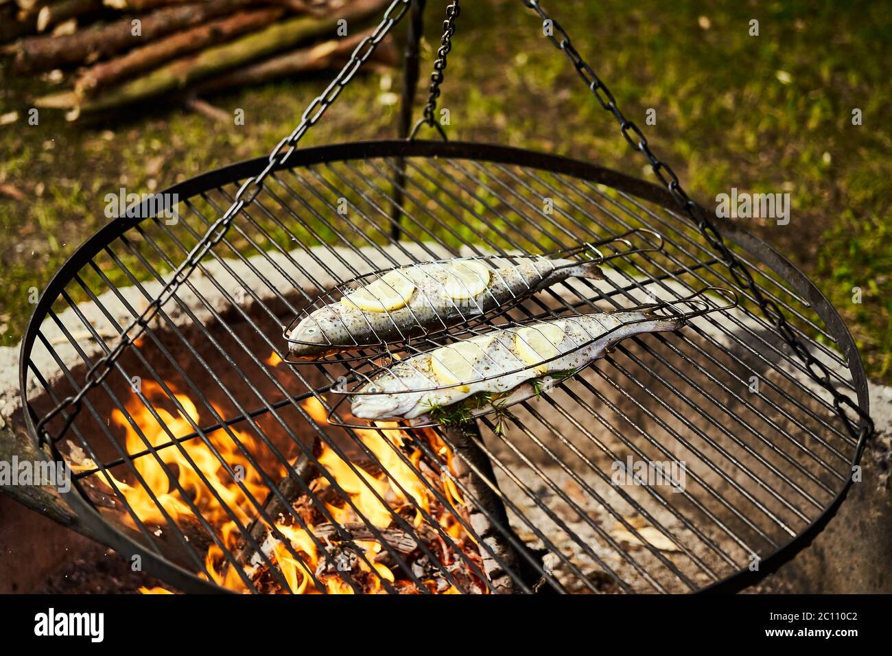 delicious trout with spices roast on a grill over a fire Stock Photo ...