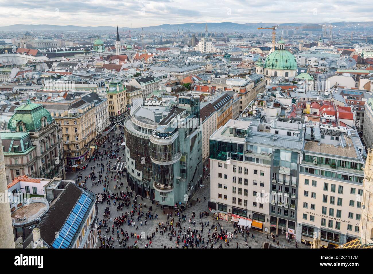 Aerial view of Stephansplatz with tourists from the south tower of the ...