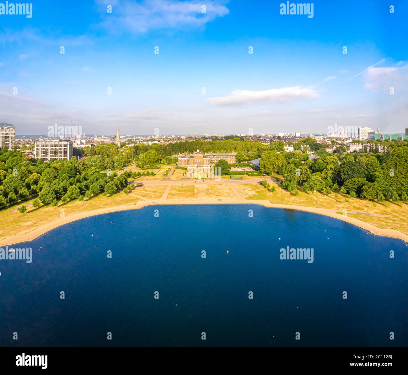 Aerial view of Kensington palace and round pond in Hyde park, London ...