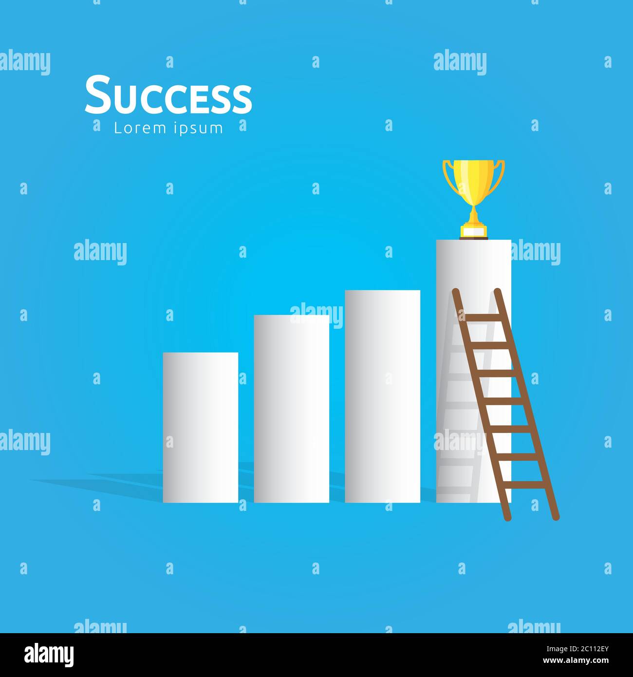 business concept with stair and trophy cup. arrow direction to success ...