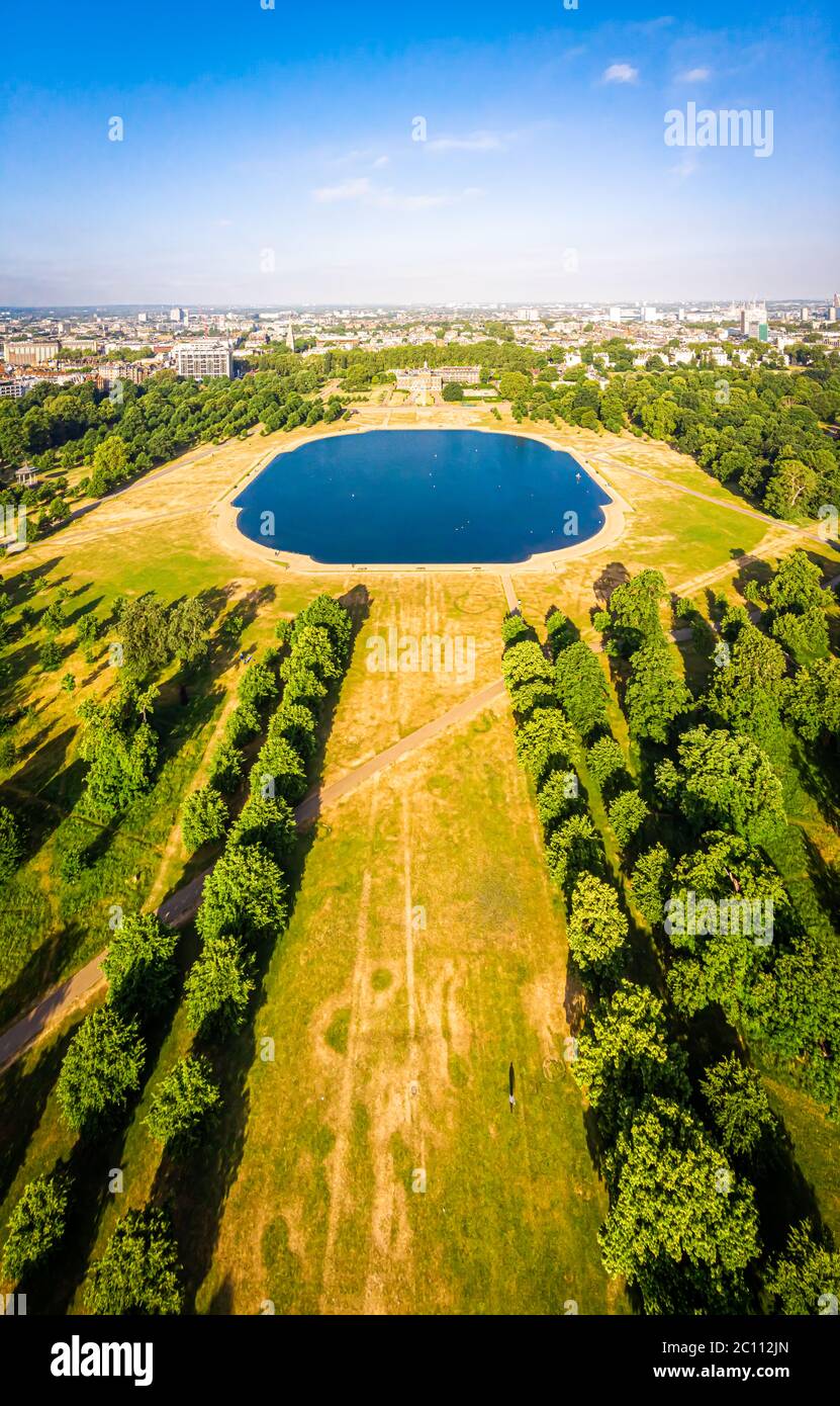 Aerial view of Kensington palace and round pond in Hyde park, London ...