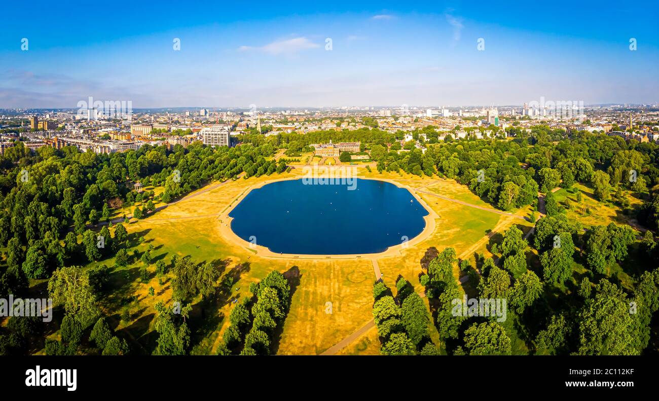 Aerial view of Kensington palace and round pond in Hyde park, London ...