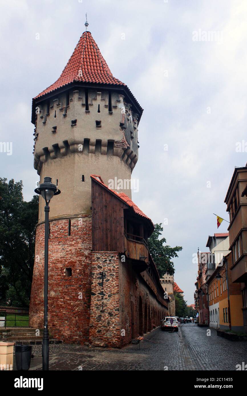 Watchtower and street at Sibiu, Romania at central perspective image ...