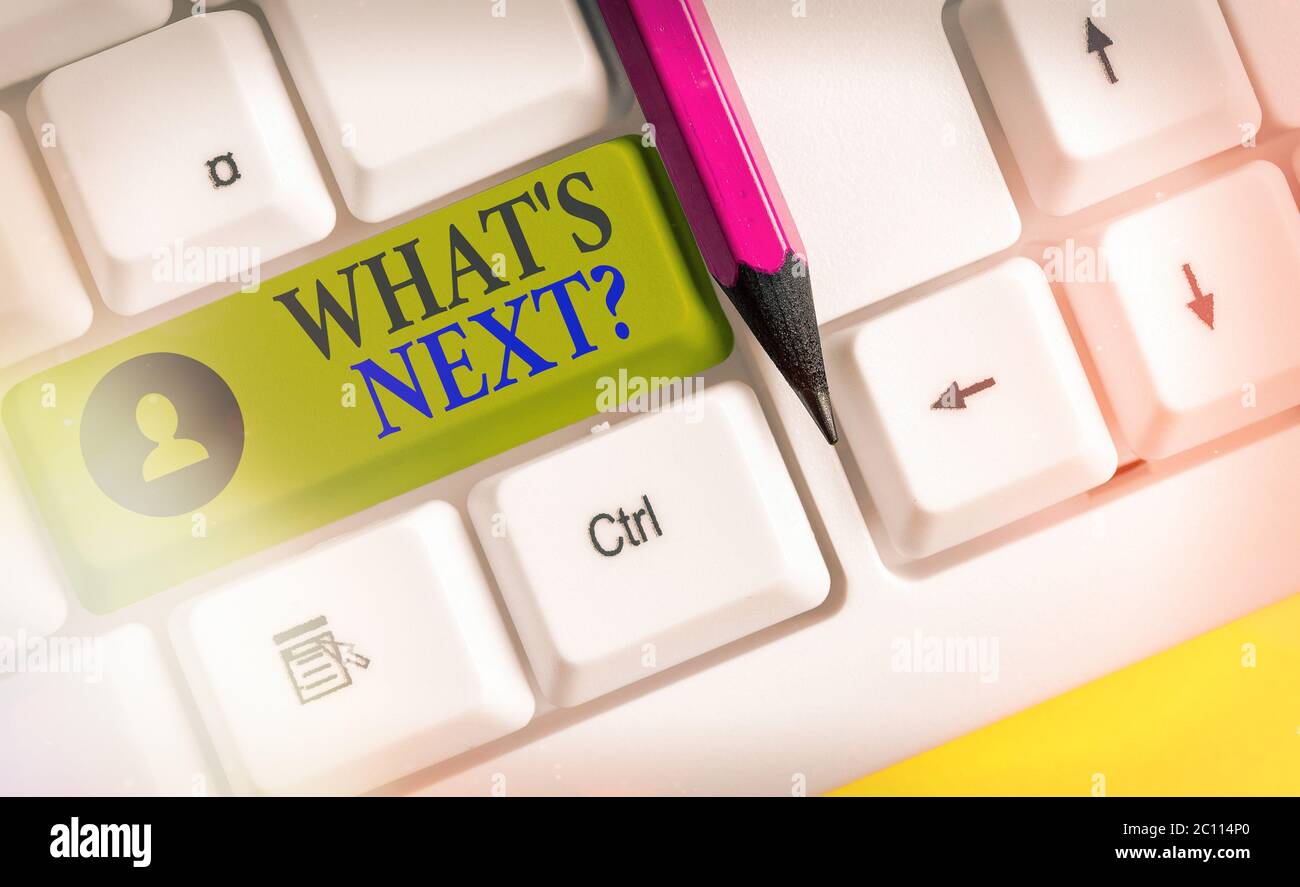 Writing note showing Whats Next Question. Business concept for ...